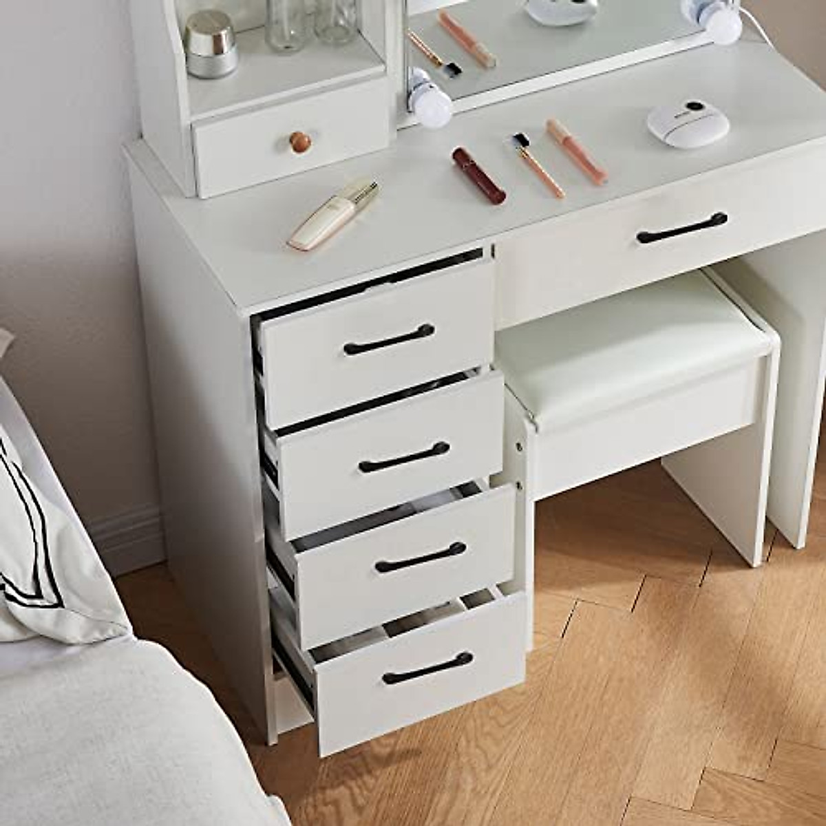 White Vanity with Sliding Mirror, 10PCS Hollywood Bulbs 3 Lighting Modes Vanity Desk with 6 Storage Drawers, Dressing Table Set with 6 Display Shelves for Girls.