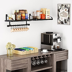 Love-KANKEI Floating Shelves for Coffee Bar,Bathroom Shelves with Towel Bar, Wall Shelves with 8 Hooks for Kitchen, 17.3 Inch Storage Shelves Set of 2 for Bedroom,Living Room，Black