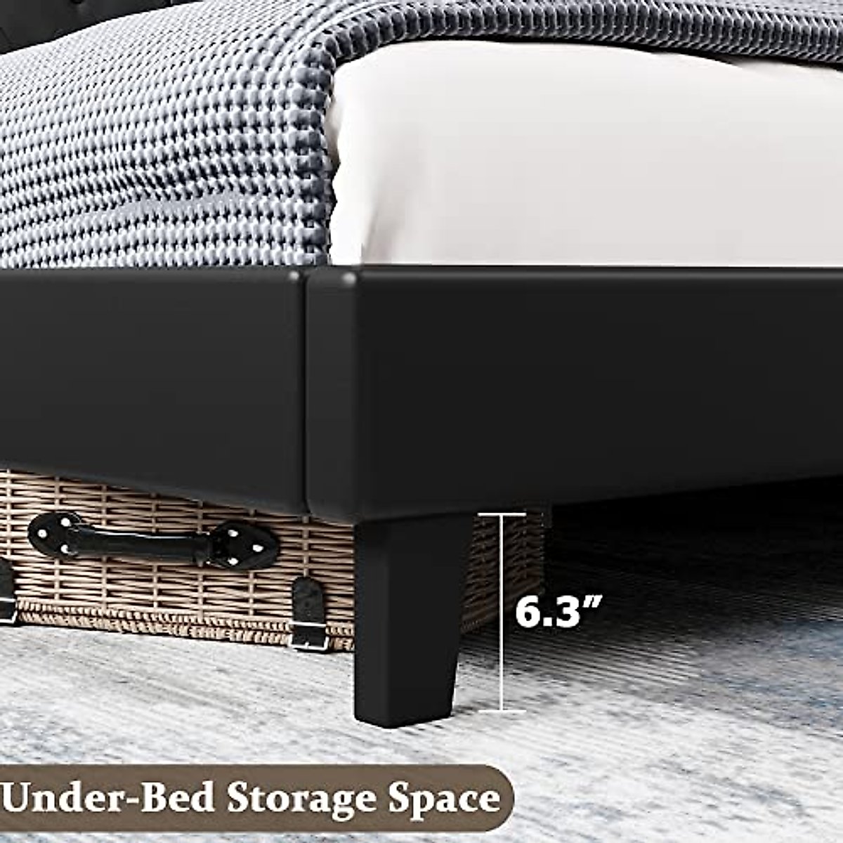 Homhougo Full Size Bed Frame with Adjustable Headboard, Upholstered Platform Bed with Button Tufted Faux Leather Headboard, Wood Slat Support, Noise-Free, No Box Spring Needed, Easy Assembly, Black