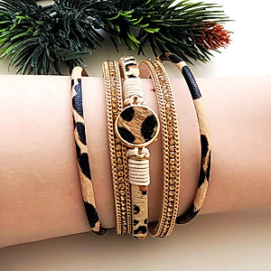 ARVATO Leather Wrap Bracelet for Women Trendy (7.68”) Multi Layerd Boho Western Animal Print Cheetah Leopard Bracelet Stackable Cuff Jewelry Mother's Day Christmas Gift