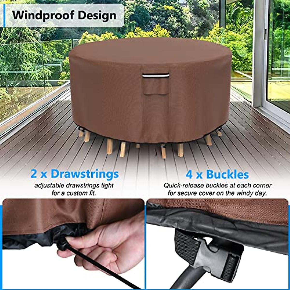Gasadar Patio Furniture Covers, Waterproof Outdoor Furniture Cover, 600D Heavy Duty Round Patio Table & Chairs Set Cover, All Weather Protection Covers for Patio Furniture Set, 62" Dia x 28" H -Brown