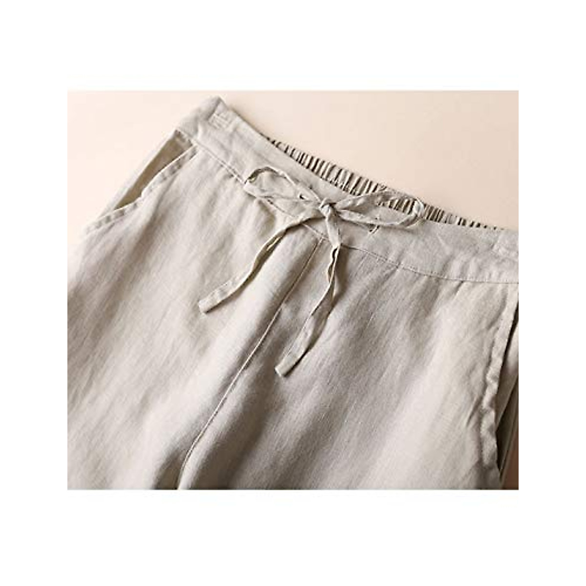 Tanming Women's Casual Linen Elastic Waist Tapered Pants Trousers with Drawstring (Khaki, Large)