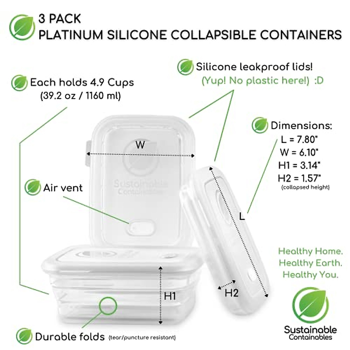 Premium Silicone Collapsible Food Storage Containers with Silicone Leakproof Lids, Clear Platinum Food-Grade, BPA Free, LFGB Certified, Compact, Reusable Lunch Box, Microwave Safe Meal Prep, 4.9 Cups 3 Pk