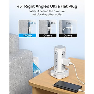 TROND Tower Power Strip Surge Protector - Power Strip with 4 USB Ports(2 USB C), 12 Widely Spaced Outlets, Ultra Thin Flat Plug 10ft Extension Cord, 1700J, for Home Office Supplies, Dorm Essentials