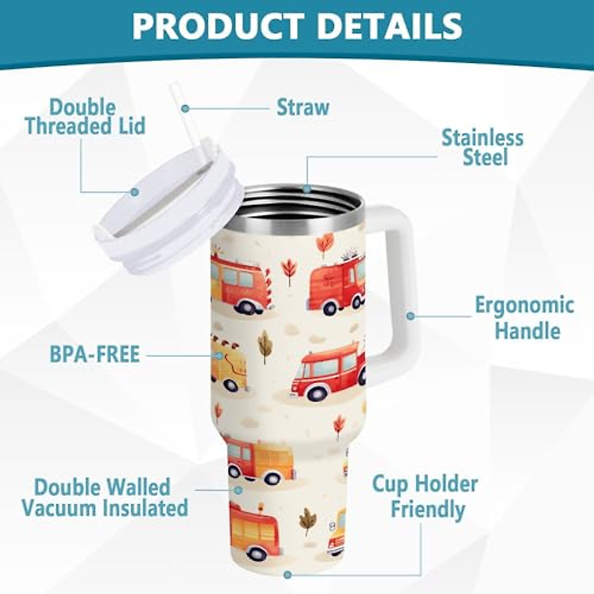 ARGTILDN 40 oz Tumbler Cartoon Fire Trucks Insulated Travel Mug with Handle and Straw Lid Stainless Steel Vacuum Coffee Cup Tea Beverage Container Water Bottles for Car Sports office