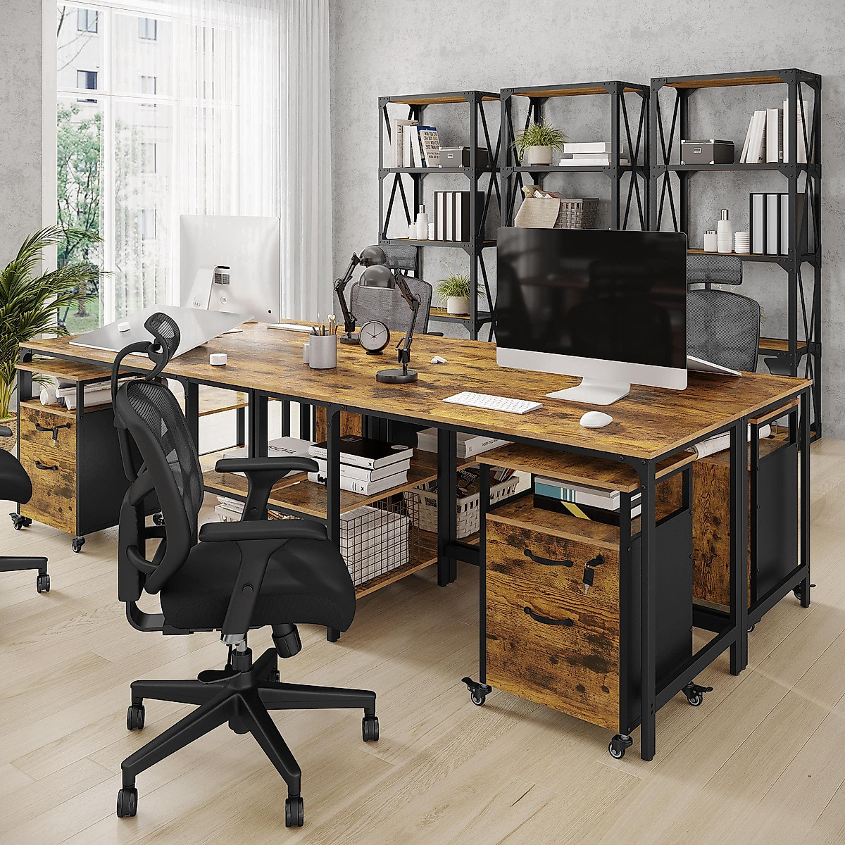 Yaheetech Mobile File Cabinet, Rolling Filing Office Cabinet with Wheels and Lock for A4, Letter Size, Printer Stand with Open Shelf for Home Office, Hanging File Folders, Rustic Brown+Black