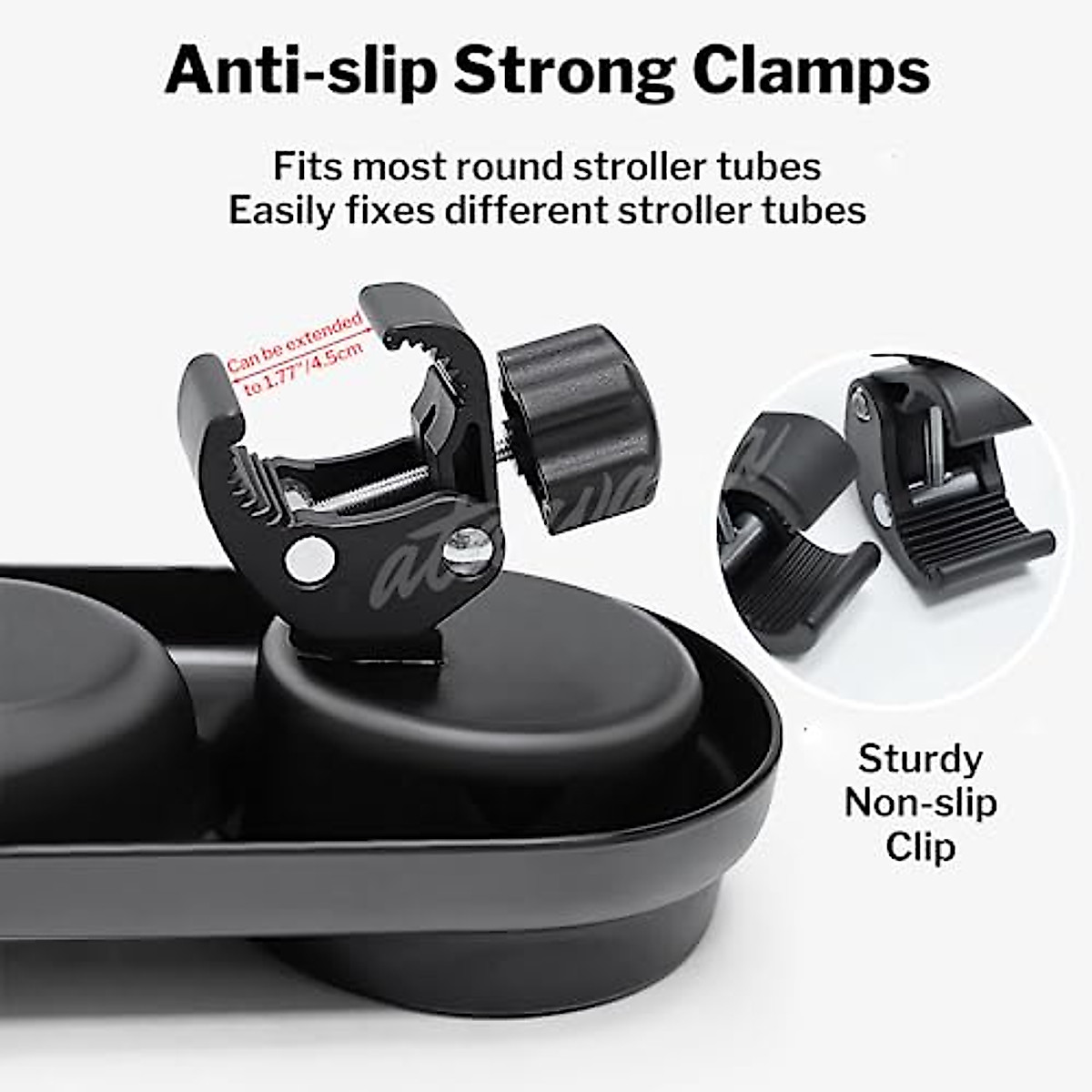 Universal Stroller Snack Tray with Cup Holder, Multifunctional 3 in 1 Stroller Organizer with Removable Non-Slip Grip Clip for Stroller Bar Snack Tray and Cup Holder Accessories (Black)