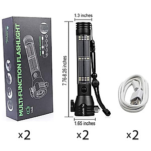 Lebote Car Flashlight Solar Power Tactical Flashlight Multi Function Flashlight Bright LED Emergency Torch Light with Safety Hammer Seat Belt Cutter Compass for Hiking Camping(2 PCS)