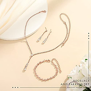 Unicra Bride Silver Bridal Necklace Earrings Set Crystal Wedding Jewelry Set Rhinestone Choker Necklace for Women and Girls (3 piece set - 2 earrings and 1 necklace)(NK070-2) (D 3 Pack Rose Gold Necklace Bracelet Earrings)