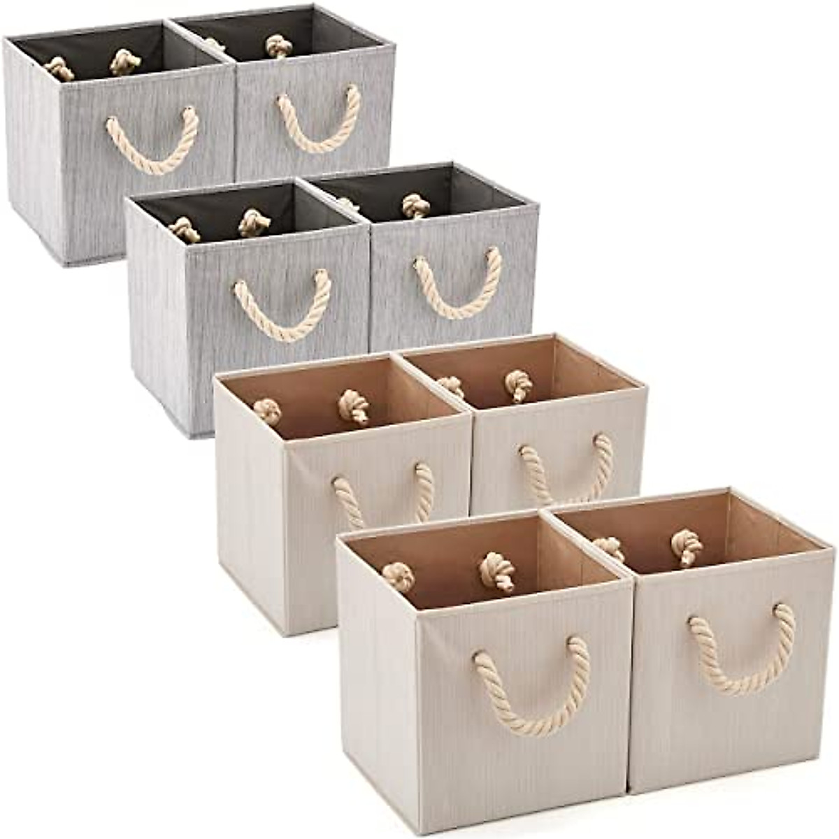 EZOWare Set of 8 Bamboo Fabric Storage Bins with Cotton Rope Handle for Nursery Toys, Gray + Beige
