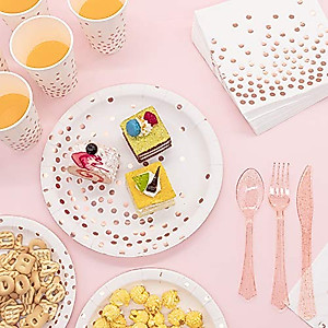 Partylamb White & Rose Gold Party Supplies, 350 PCS Disposable Dinnerware Set with Plates Napkins Cups Forks Knives Spoons for Birthday Baby Bridal Shower Valentine Wedding Party(A1.White & Rose Gold)