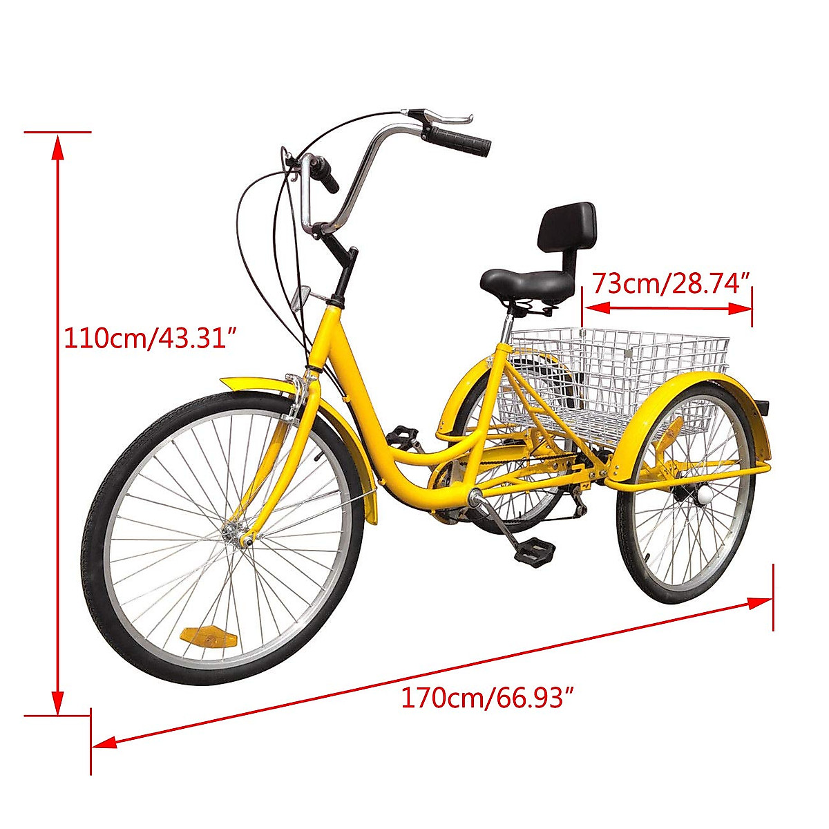 Areyourshop Unisex Adult 24" 3-Wheel 7-Speed Tricycle Bicycle Bike Cruise Basket Yellw