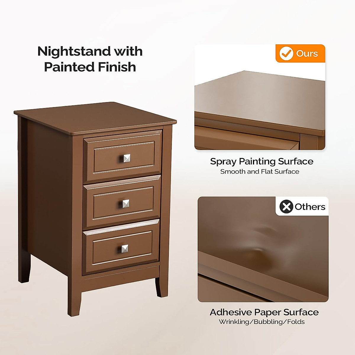 Bonnlo Nightstands Set of 2, 3 Drawer Night Stand for Bedroom with Metal Knobs, Wooden Bedside Table, Brown Nightstand/End Table/Side Table for Small Spaces, College Dorm, Kids' Room, Living Room