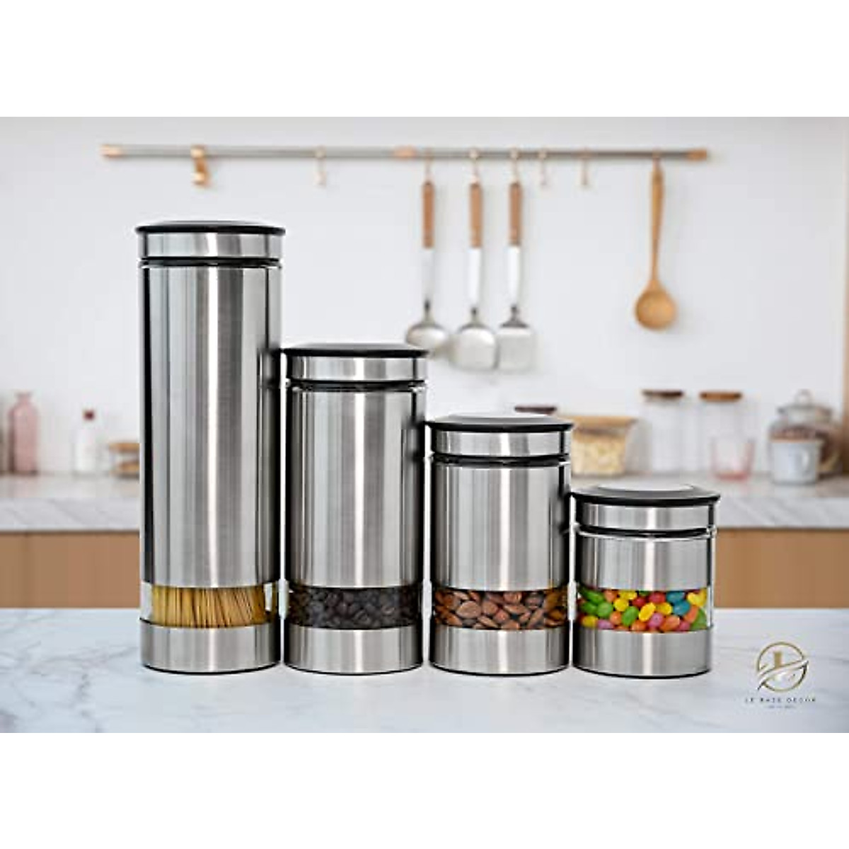 Le'raze Airtight Food Storage Container for Kitchen Counter with Window, [Set of 4] Canister Set Ideal for Flour Tea, Sugar, Coffee, Candy, Cookie Jar
