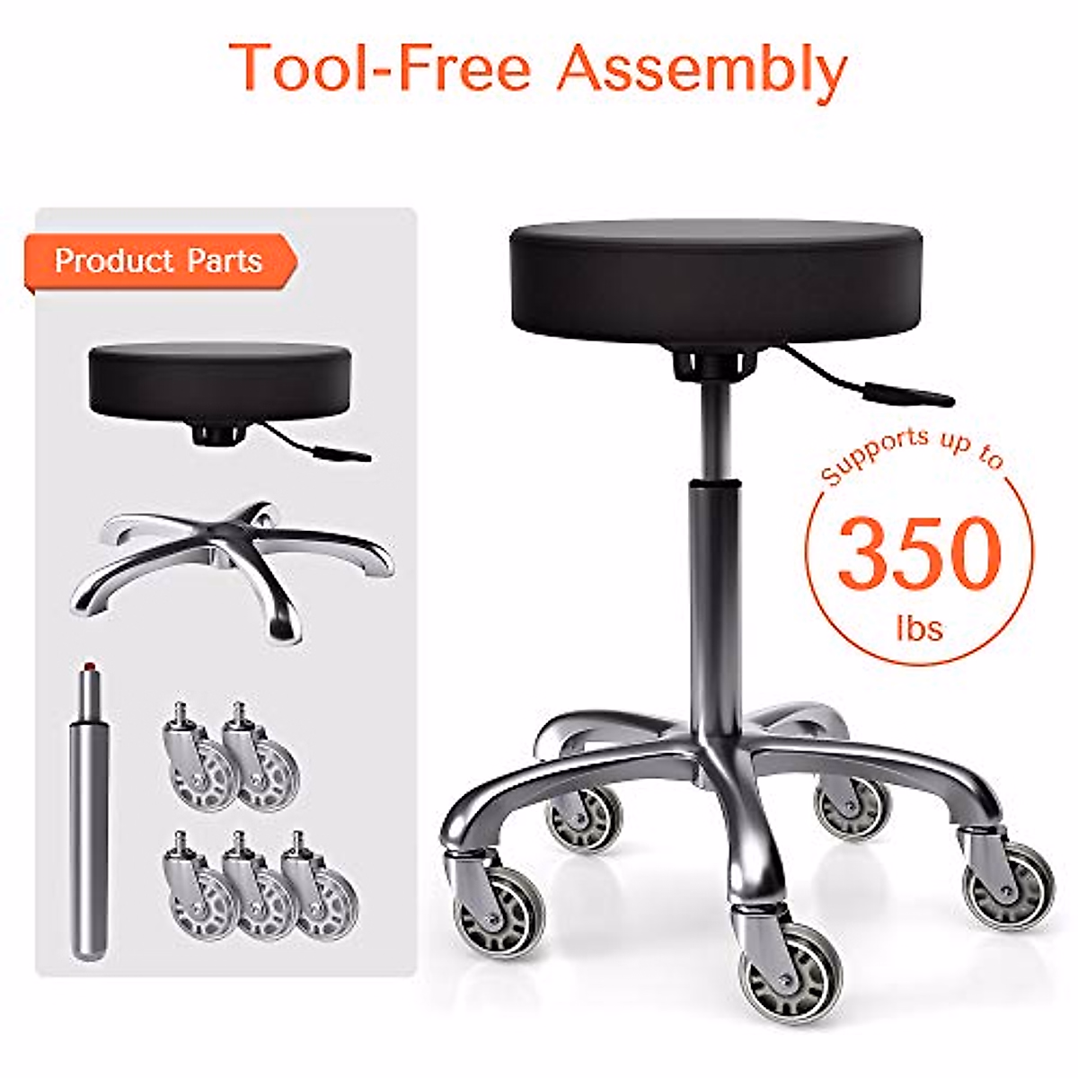 TASALON Rolling Stool - Adjustable Stool with Wheels - Soft Swivel Workbench Stool- Desk Stool Chair for Kitchen, Salon, Spa, Tattoo, Pedicure - Massage Stool Salon Stool Esthetician Chair – Black