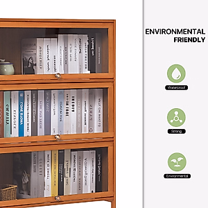 Magshion 3-Tier Bookcase with Clear Acrylic Flip-Up Doors, Bamboo Display Case Wide Brown Kitchen Cabinet Storage Pantry Cabinet Showcase Storage Cabinet Organizer (31.1" L x 12.6" W x 41.7" H)