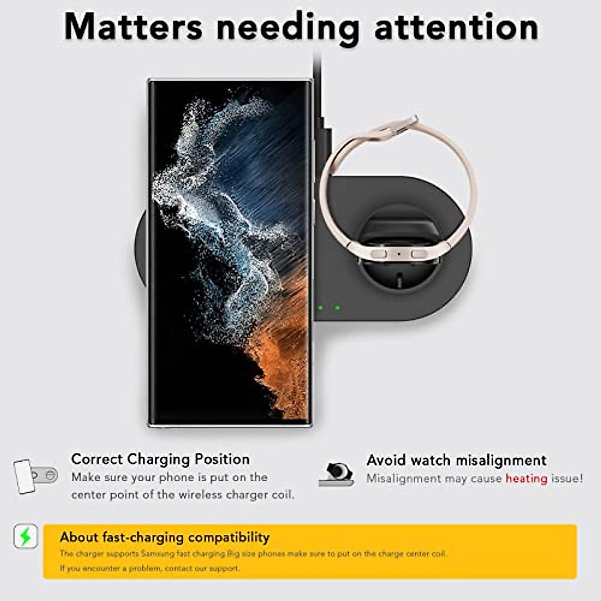 Wireless Charging Pad for Samsung Watch and Phone,Dual Wireless Charger Station for Galaxy Watch 5 Pro/5/4 Active 2 Galaxy S23/Ultra/S23+/S22/Note 20/ Z Flip 4/3 Fold 4/3 Galaxy Buds2/Pro with Adapter
