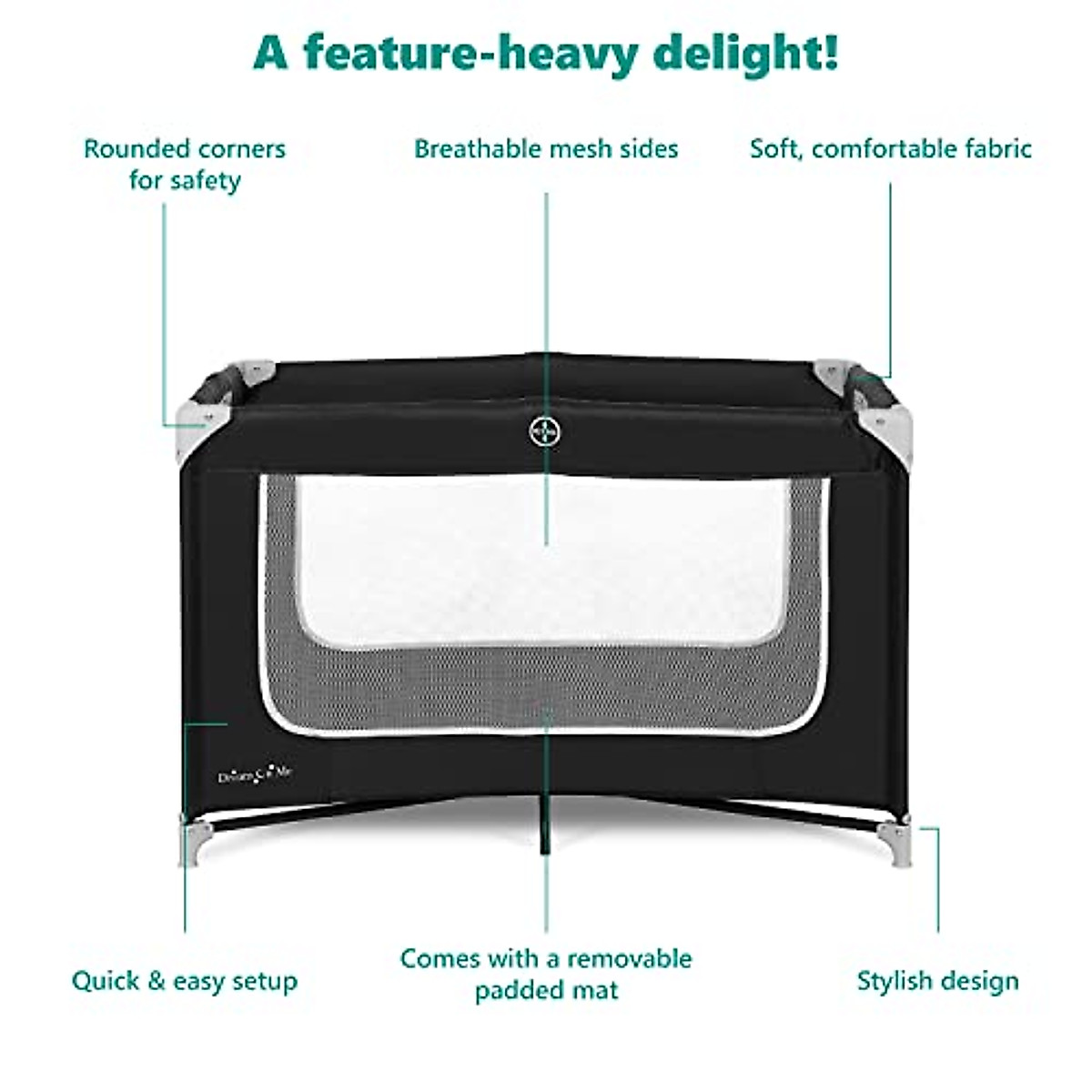 Dream On Me Zodiak Portable Playard in Black, Lightweight, Packable and Easy Setup Baby Playard, Breathable Mesh Sides and Soft Fabric - Comes with a Removable Padded Mat