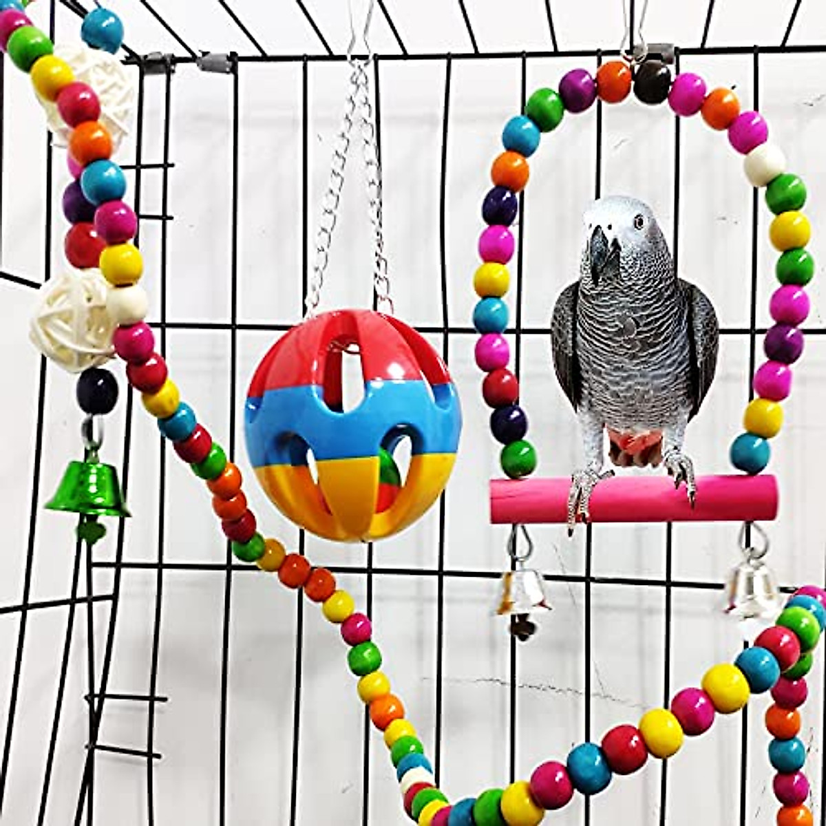 Hamiledyi Bird Parrot Swing Chewing Toy Set 15PCS Wooden Hanging Bell with Hammock Climbing Ladders Colorful Pet Birds Cage Toys for Small Parakeet Cockatiel Conures Finches Budgie Macaws Love Birds