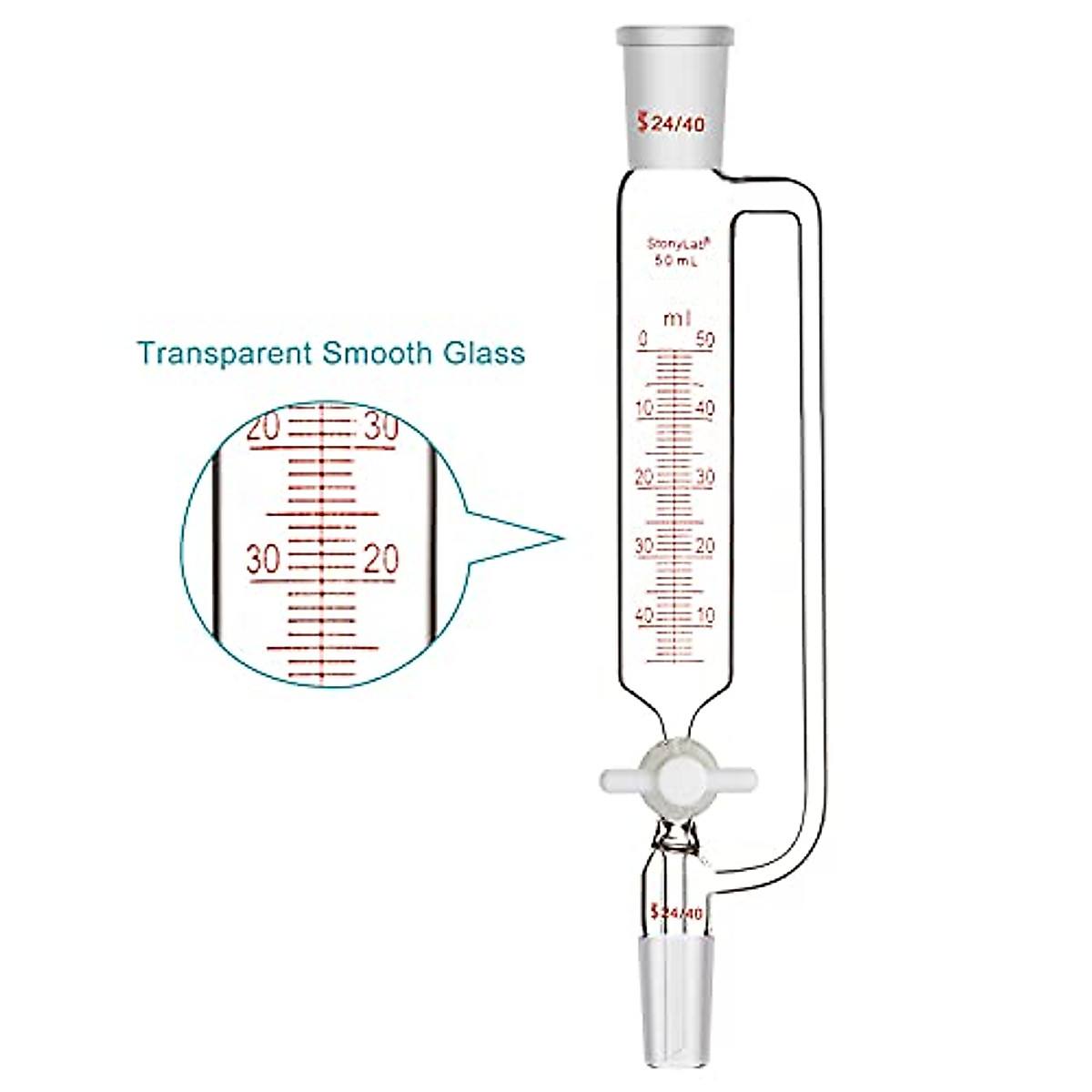 stonylab Pressure Equalizing Graduated Addition Funnel, Borosilicate Glass Dropping Funnel 24/40 Joint 50 ml with PTFE Stopcock for Laboratory (50 ml)
