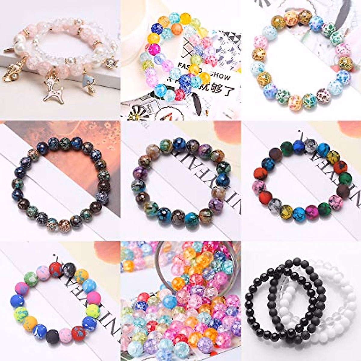 Glass Beads for Jewelry Making,1100Pcs 83 Different Round Beads Include Crystals & Gemstone Beads, Crackle & Patterns Beads, Spacer Beads for DIY Bracelet Earring Necklace (8mm)