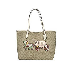 Coach City Tote In Signature Canvas With Horse And Carriage Patchwork Graphic in Gold/Light Khaki Multi