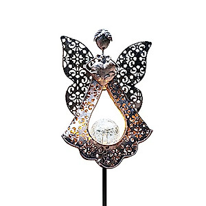 GOODME Angel Solar Garden Lights Waterproof Metal Solar Warm White LED Stake Light Memorial Gift - Fairy Decorative Metal Stakes Lights Crackle Glass Light for Lawn, Yard Art, Pathway, Patio Decor