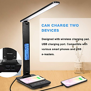 LED Desk Lamp, Desk Lamp with Wireless Charger, Suitable for Home, Office Dimmable Desk Lamp, with USB Charging Port, Built-in Clock, Calendar, Thermometer and Automatic Timing Reading Desk Lamp.