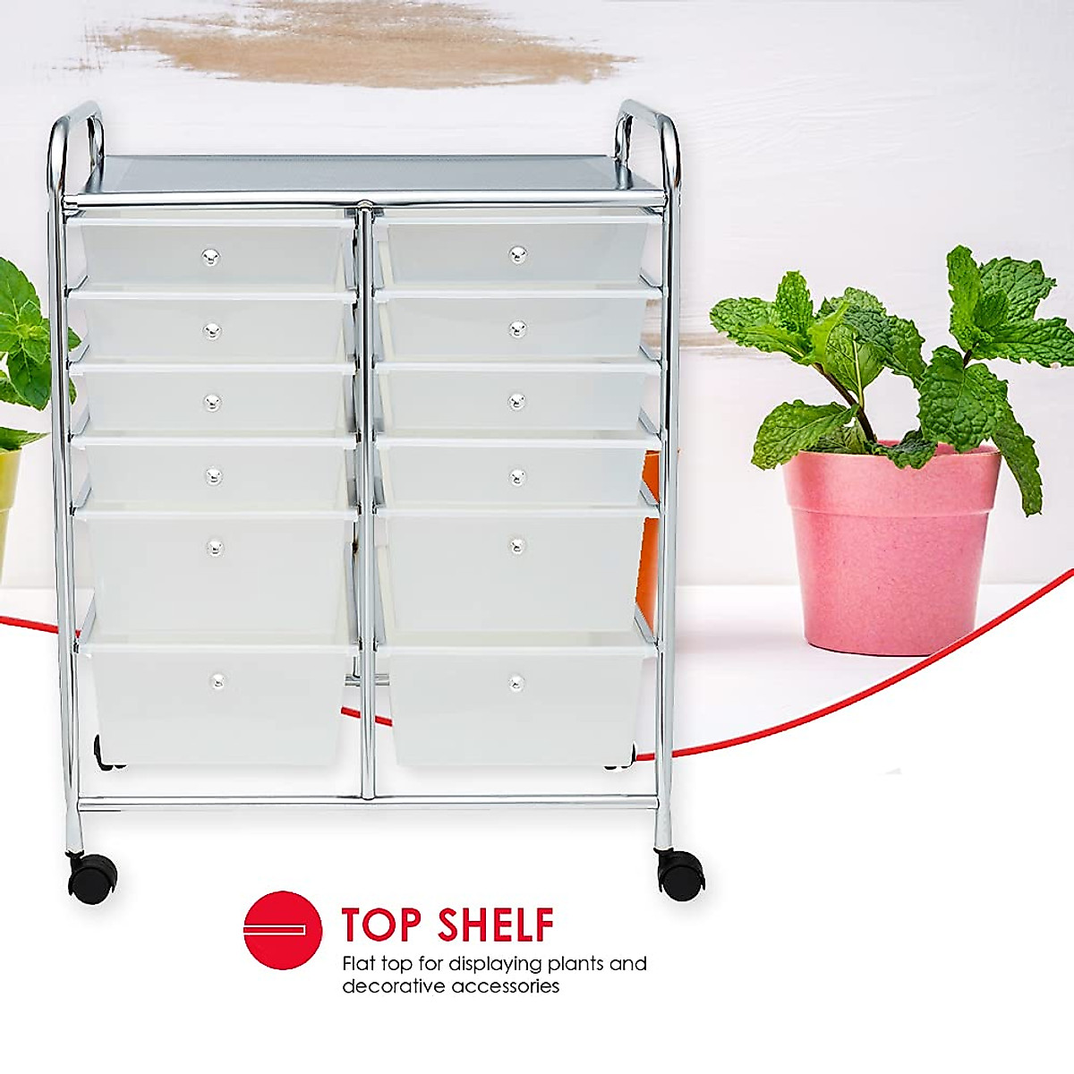 Home Basics 12 Drawer Storage Cart | White | Great for Office | Portable with Multi Size Drawers | Organize Crafts | Castor Wheels