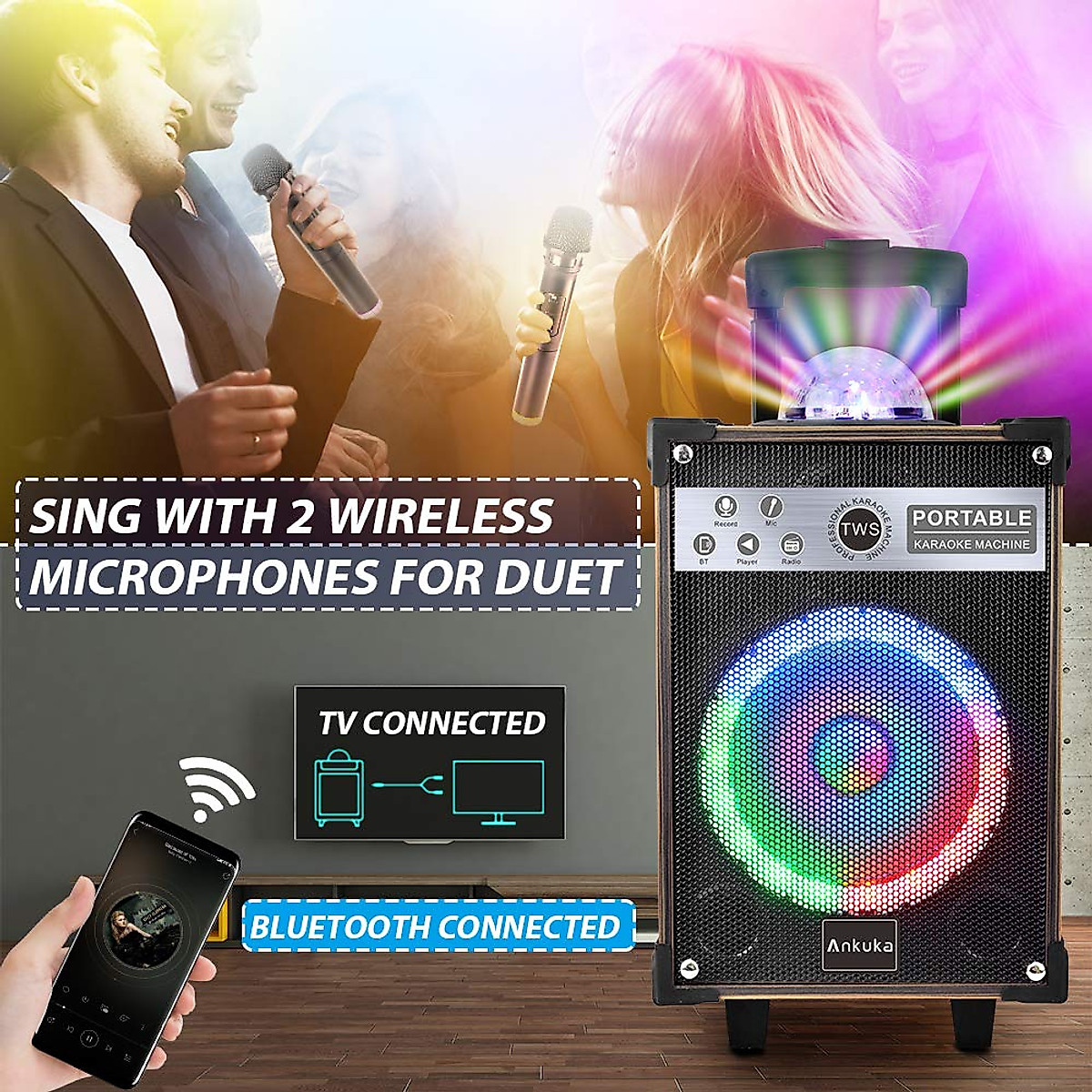 Ankuka Karaoke Machine, Portable Bluetooth Speaker with Disco Lights,Subwoofer PA System with 2 Wireless Microphones for Christmas,Birthday Party