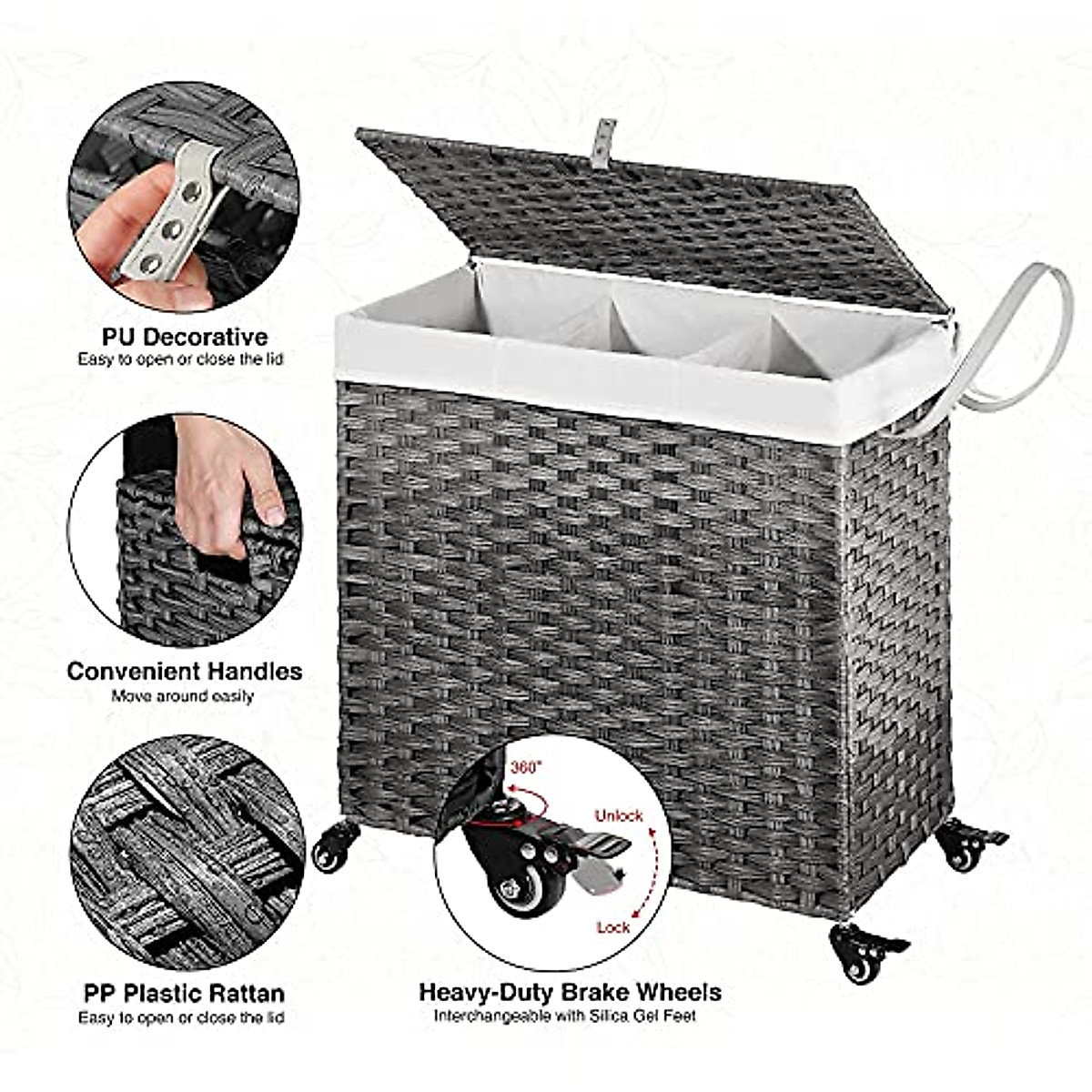 Greenstell Laundry Hamper with Wheels&Lid, 125L Large 3 Sections Clothes Hamper with 2 Removable Liner Bags, 5 Mesh Laundry Bags, Handwoven Divided Laundry Basket Gray