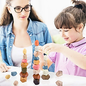 48 Pcs Wooden Stacking Stones- Building Sorting Rocks Balancing Wooden Blocks Preschool Educational Learning Toy for Kids Toddlers 3 4 5 6 Years Old