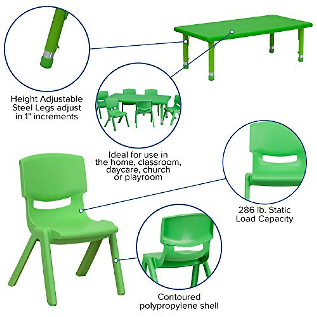 Flash Furniture Rectangular Activity Table Set, 24"W x 48"D x 14.50" - 23.75"H, Green