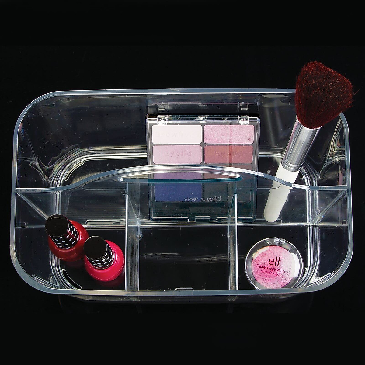 mDesign Plastic Makeup Storage Organizer Caddy Tote, Divided Basket Bin, Handle for Bathroom, Hold Eyeshadow Palettes, Nail Polish, Brushes, Shower Essentials, Small, Lumiere Collection, 2 Pack, Clear