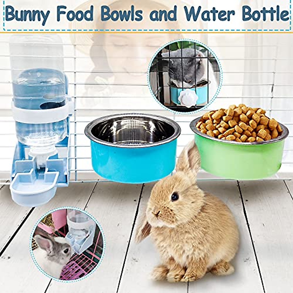 Hamiledyi Crate Bunny Food Bowl Removable Stainless Steel Pet Dog Cage Dual Bowls Plastic Hanging Water Fountain Automatic Bottle Food & Water Feeder Coop Cup for Rabbit Cat Puppy Guinea Pigs 3PCS