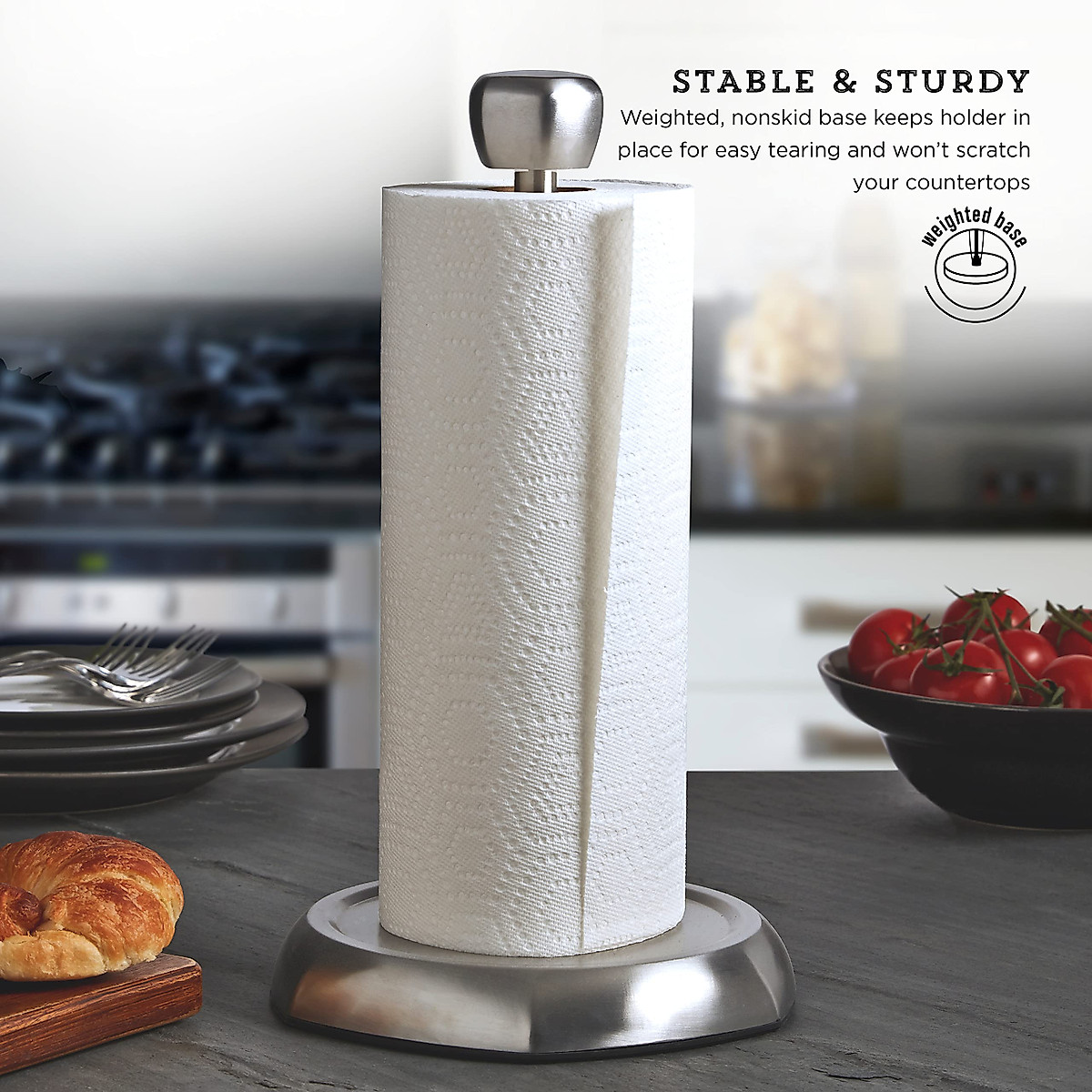 Kamenstein Hexagon Base Perfect Tear, Stainless Steel Countertop Paper Towel Holder, One Handed Pull, No Unraveling, Weighted Base Prevents Tipping, 14 Inch