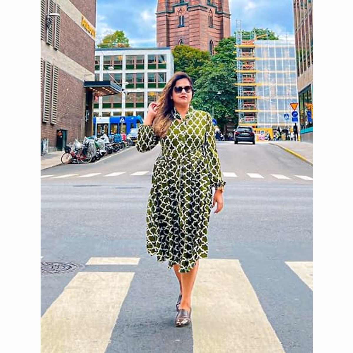 Modest Wear to Work Dress for Women Lantern Sleeve Business Fit and Flare Casual Dress for Business Lady Green