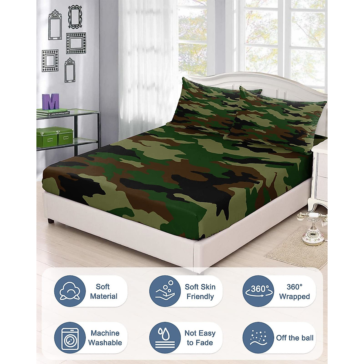 Military Camouflage Forest Camo Fitted Sheet Set for King Size Bed 3 Pieces Bedding Sheets-Deep Pocket Bedsheet Fits Mattress Upto 16",2 Pillow Cases Bedroom Decor American Army