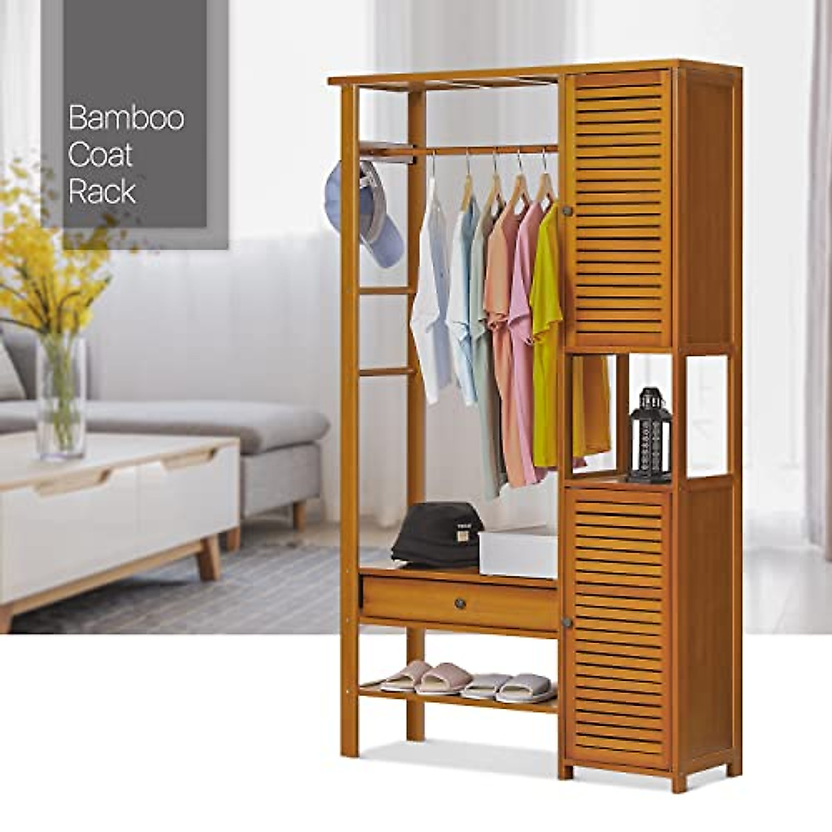 MoNiBloom Closet Organizer with Two Shutter Doors and 1 Drawer, Bamboo Freestanding Clothes Garment Rack with a Hanging Rob, 2 Storage Shelves, 2 Hooks and Pants Rack, Brown