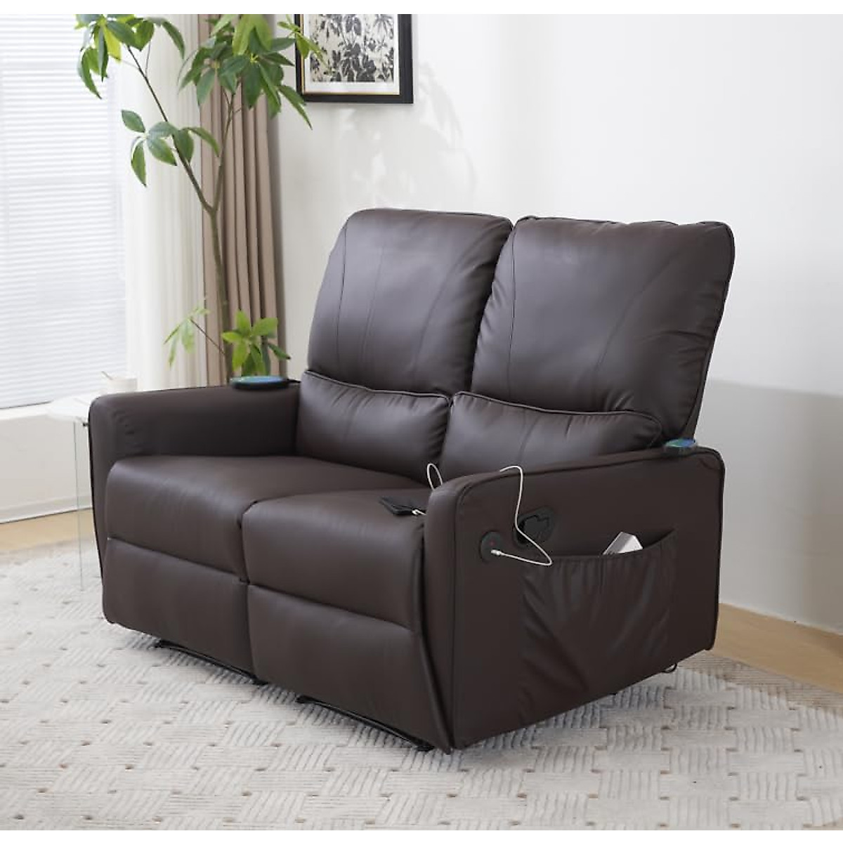 RVEE RV Loveseat Console Theater Seating 2 Seater Powered Recliner Double Sofa with USB Charging Station Massage Heat Chair RV Furniture Faux Leather Brown (2 Seater)