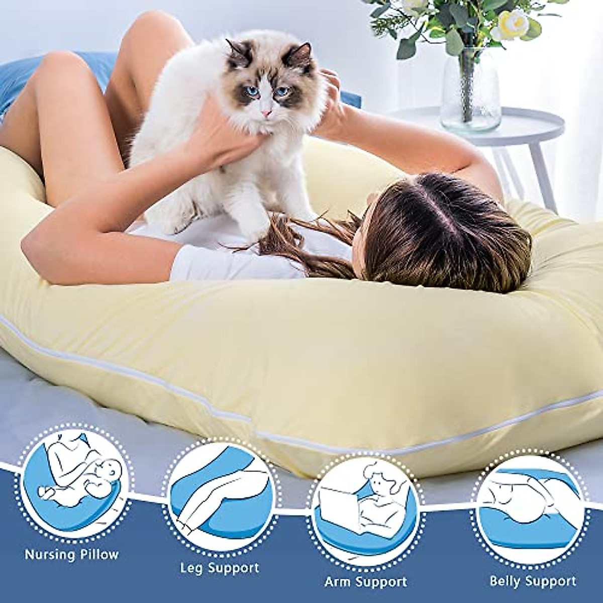 AngQi Pregnant Pillows for Sleeping, Pregnancy Belly Pillow with Cooling Cotton Cover - Support for Back, Hips, Legs, Belly for Pregnant Women Sleeping - Yellow Cream