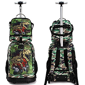 Tilami Rolling Backpack 19 inch with Lunch Bag Wheeled Laptop Backpack, Dinosaur Camouflage