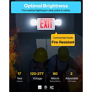 Sunco Red Exit Signs With Emergency Lights, Two Adjustable Square LED Lights, 94V-0 Fire Resistant, Backup Battery, 120-277V, Wall Or Ceiling Mount, Commercial Grade Double Sided UL 2 Pack