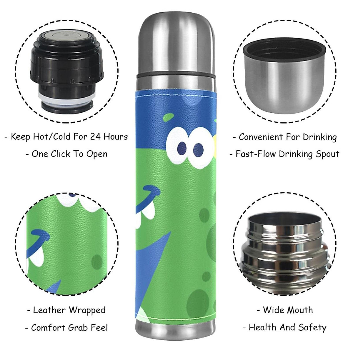 Stainless Steel Leather Vacuum Insulated Mug Dinosaur Thermos Water Bottle for Hot and Cold Drinks Kids Adults 16 Oz