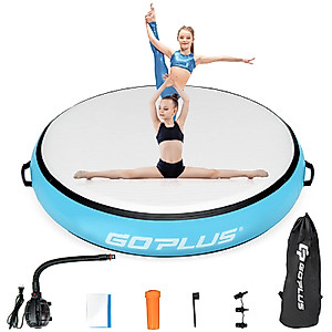 Goplus Inflatable Round Gymnastic Mat, 8” Thick Air Roller Tumbling Exercise Training Mat with Electric Air Pump, Waterproof Durable Air Spot Air Mat Set Yoga Floor Mat for Home Gym School (Blue)