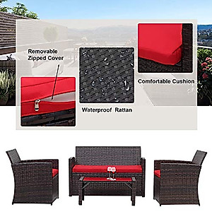Saemoza Patio Furniture Set, 4 Piece Outdoor Wicker Rattan Patio Furniture with Tempered Glass Tabletop, Brown Wicker| Red Cushions for Outdoor Garden