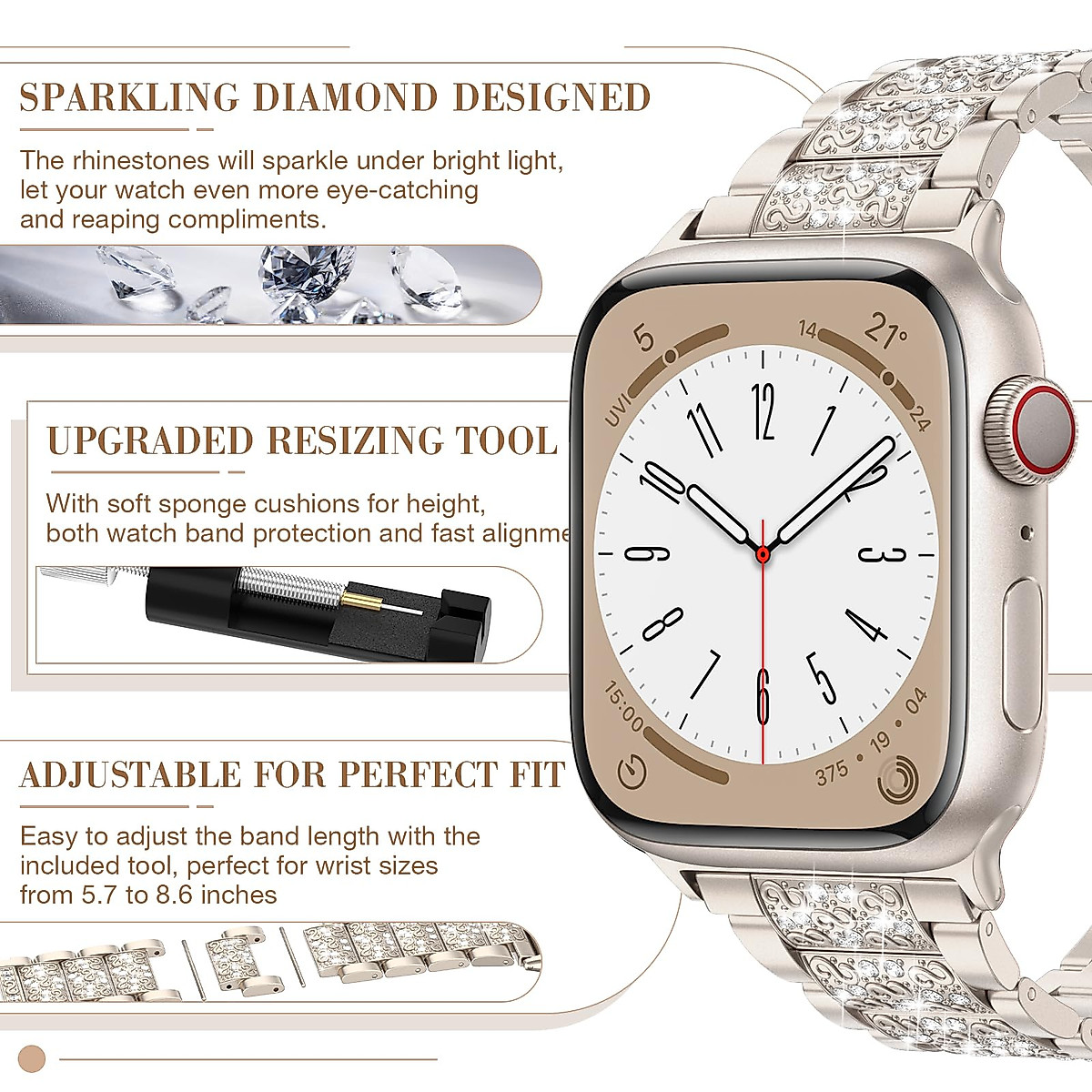 MARGE PLUS Compatible with Bling Apple Watch Band Women 38mm 40mm 41mm Series 9 8 7 6 5 4 3 2 1 SE, Upgraded Sparkle Replacement Bracelet iWatch Band, Diamond Rhinestone Stainless Steel Metal Strap