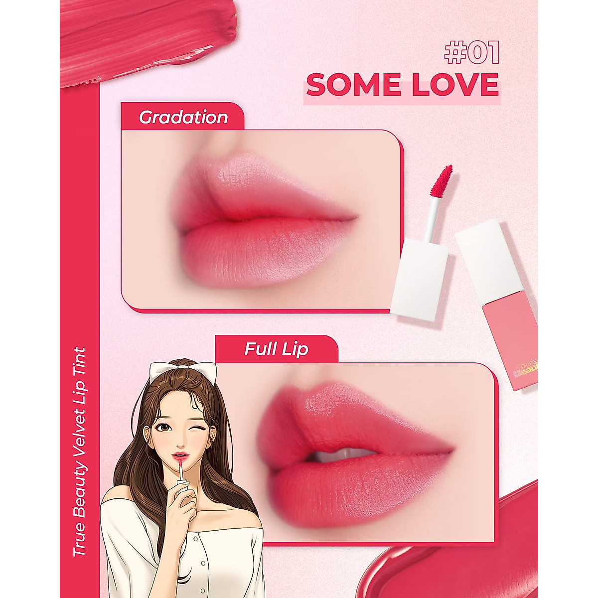 AMTS Webtoon True Beauty - 01 Some Love | Pink Lip Tint Stain | High Pigment Liquid Waterful Shine Non-Sticky Long-Wearing Long-Lasting | True Beauty Cute Pink Makeup
