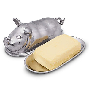 Arthur Court Happy Pig Covered Butter Cream Cheese Dish Container Keeper Hand Polished Tarnish Free Artisan Quality Farmhouse Table 7.5 inch Long