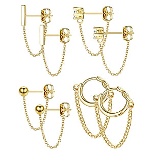 YADOCA 4 Pairs Chain Earrings for Women CZ Ball Bar Huggie Hoop Piercing Dangle Chain Stud Earring Set Gold